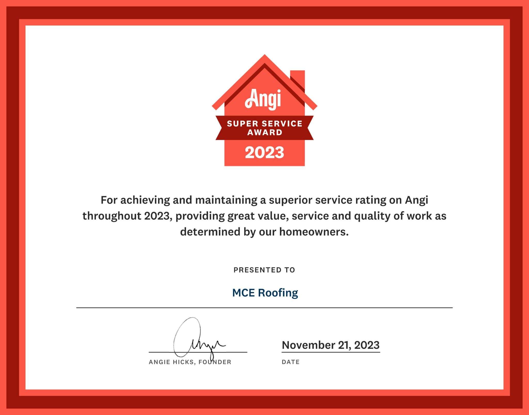 MCE Earns 2023 Angi Super Service Award | MCE Roofing Services
